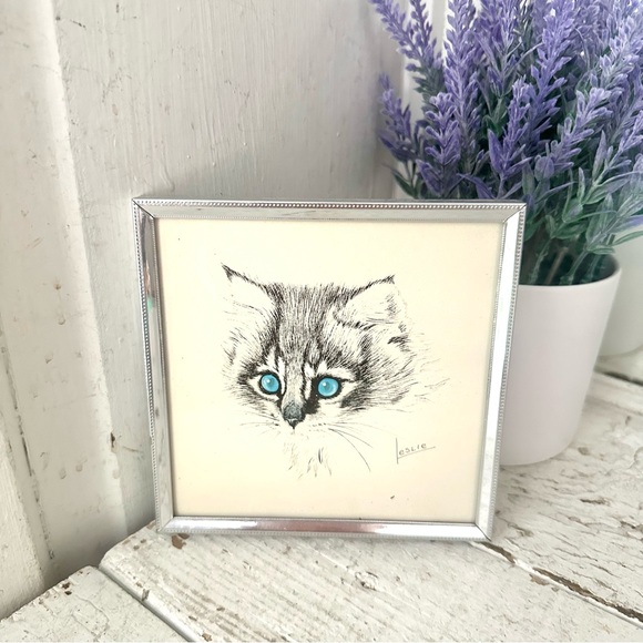 Vintage | Art | Vintage Cat Portait Artist Signed Silver Metal Frame ...